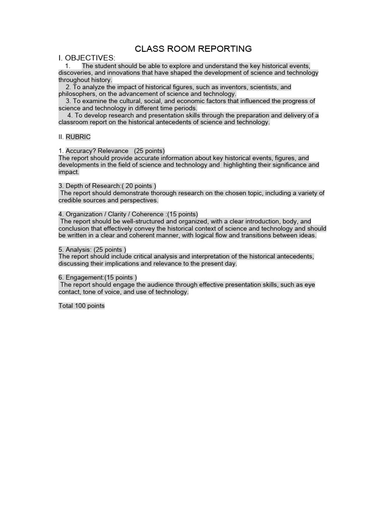 Classroom Reporting Objectives | PDF