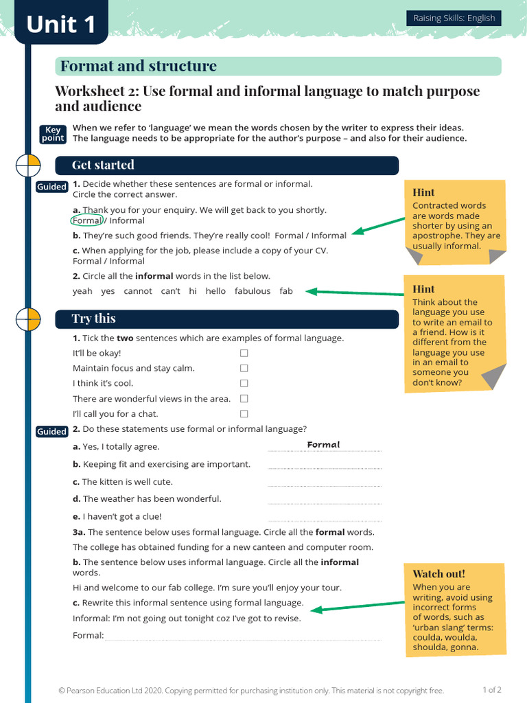 Formal & Informal U1 - 04 - Worksheet 2 | PDF | Human Communication