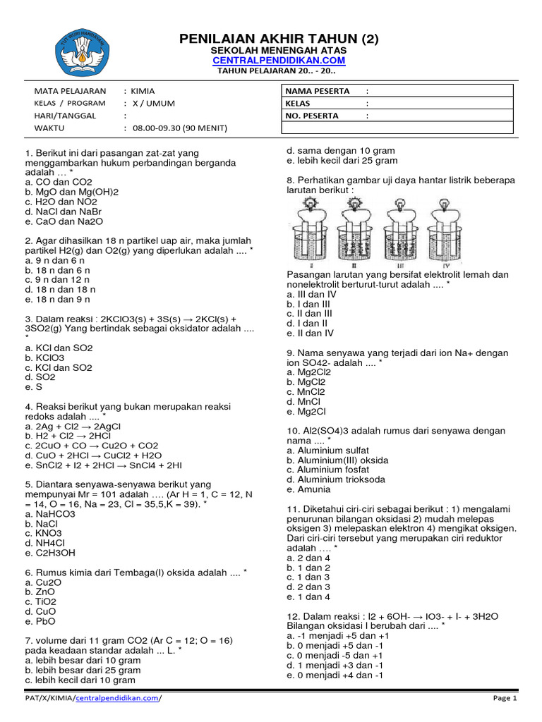 PAT Kimia Kelas 10 V2 | PDF