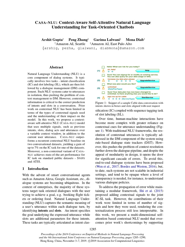 Context Aware Self Attentive Natural Language Understanding For Task Oriented Chatbots | PDF ...