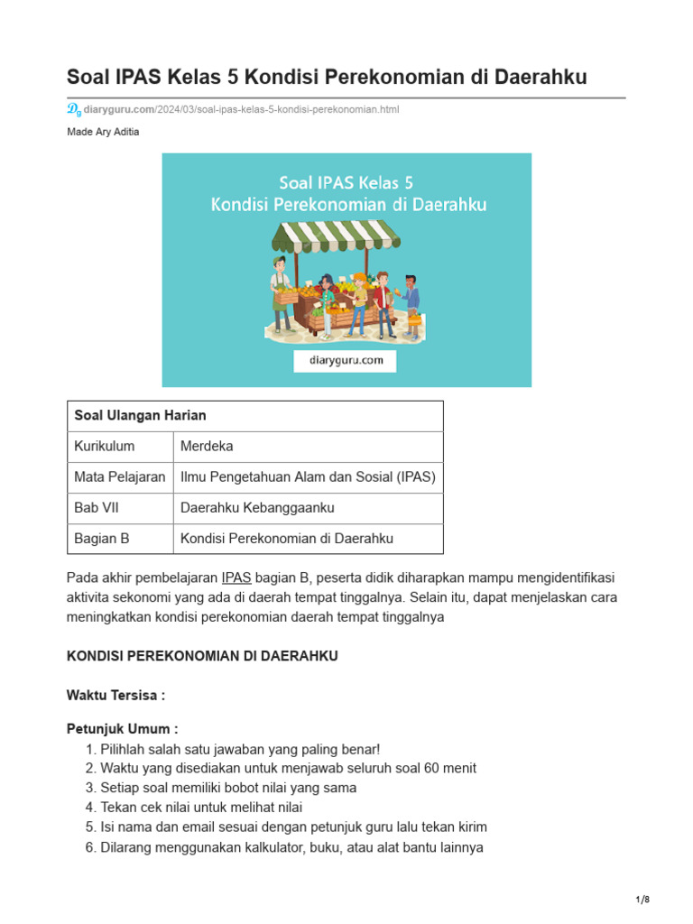 Soal IPAS Kelas 5 Kondisi Perekonomian Di Daerahku | PDF | Ilmu Sosial | Teknologi & Rekayasa