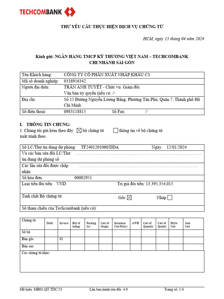 THƯ YÊU CẦU THỰC HIỆN DVCT mẫu 2951 | PDF