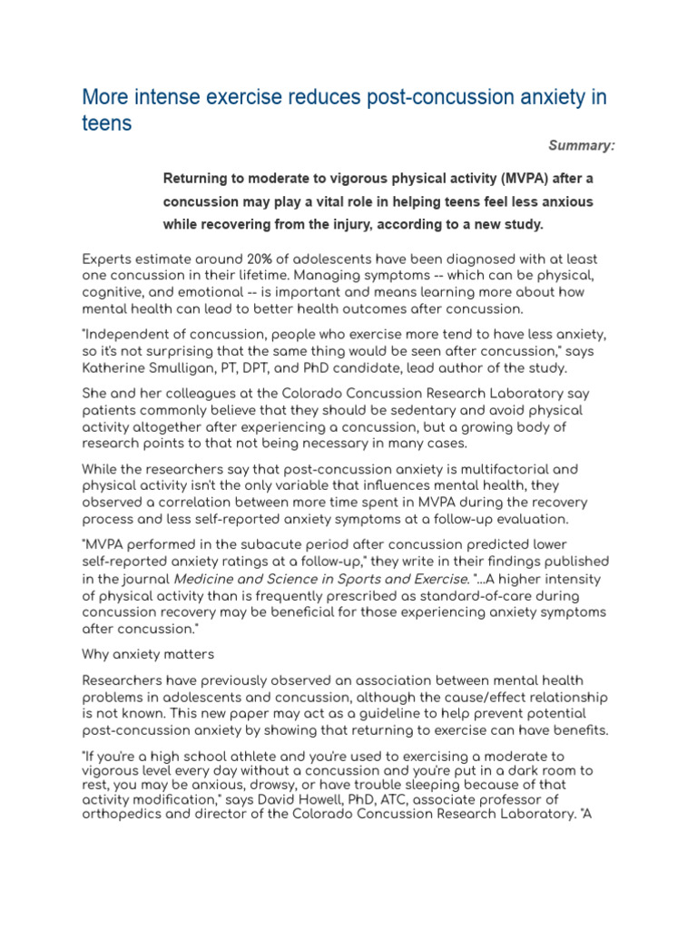 More Intense Exercise Reduces Post-Concussion Anxiety in Teens ...