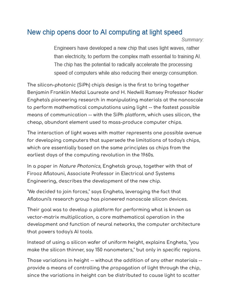 New Chip Opens Door To AI Computing at Light Speed | PDF | Integrated ...