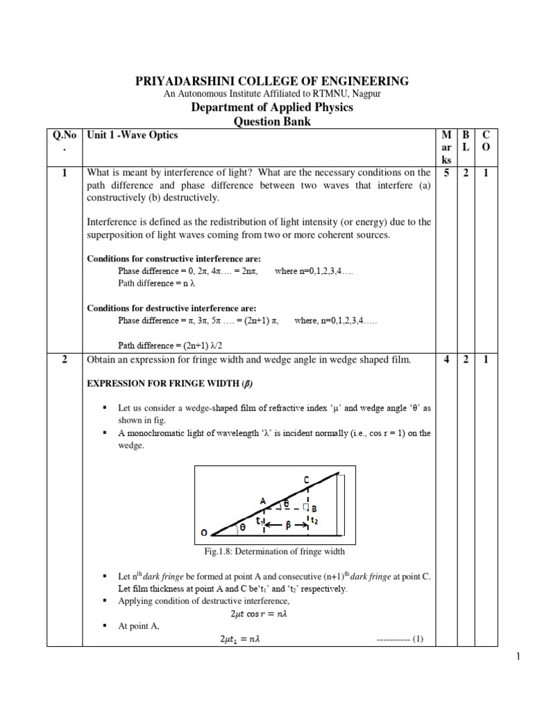 Question Bank With Answers - Engg Physics - All Units | PDF | Diffraction | Electron