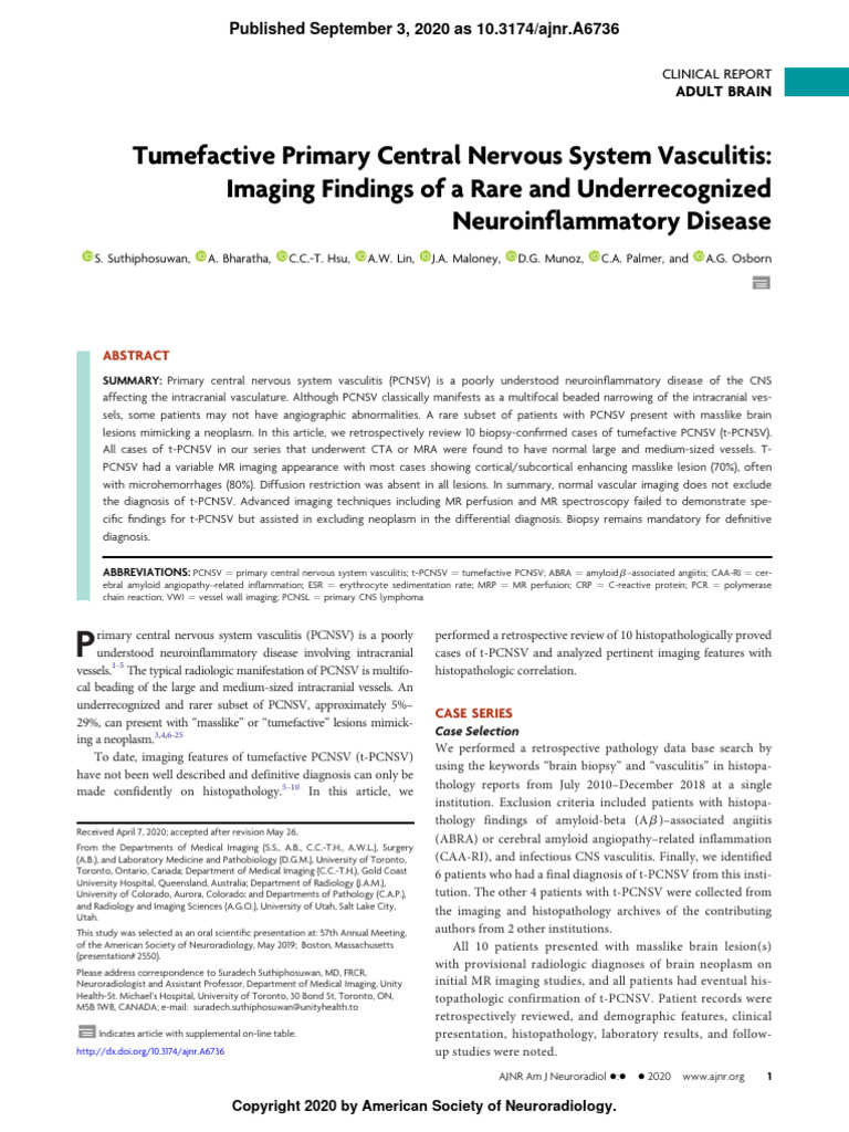 Tumefactive Primary Central Nervous System Vasculitis - Imaging Findings of A Rare and ...
