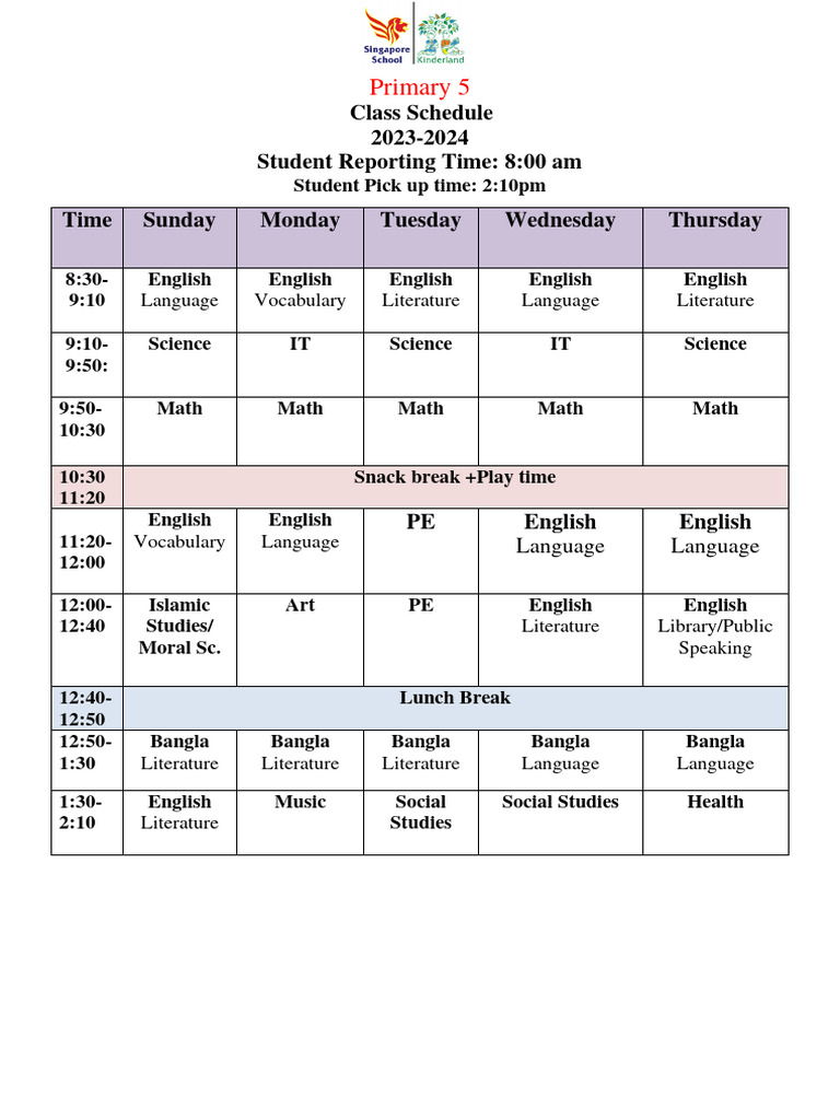 P5 T4 Class Schedule and Syllabus | PDF | English Language ...