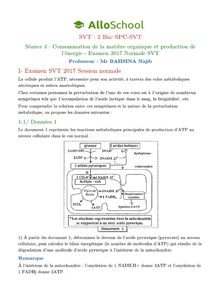 Seance 4 Consommation de La Matiere Organique Et Production de L Energie Examen 2017 Normale SVT ...