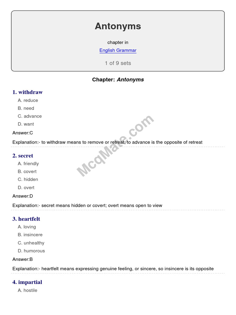 Antonyms English Grammar (Set 1) | PDF | Courage