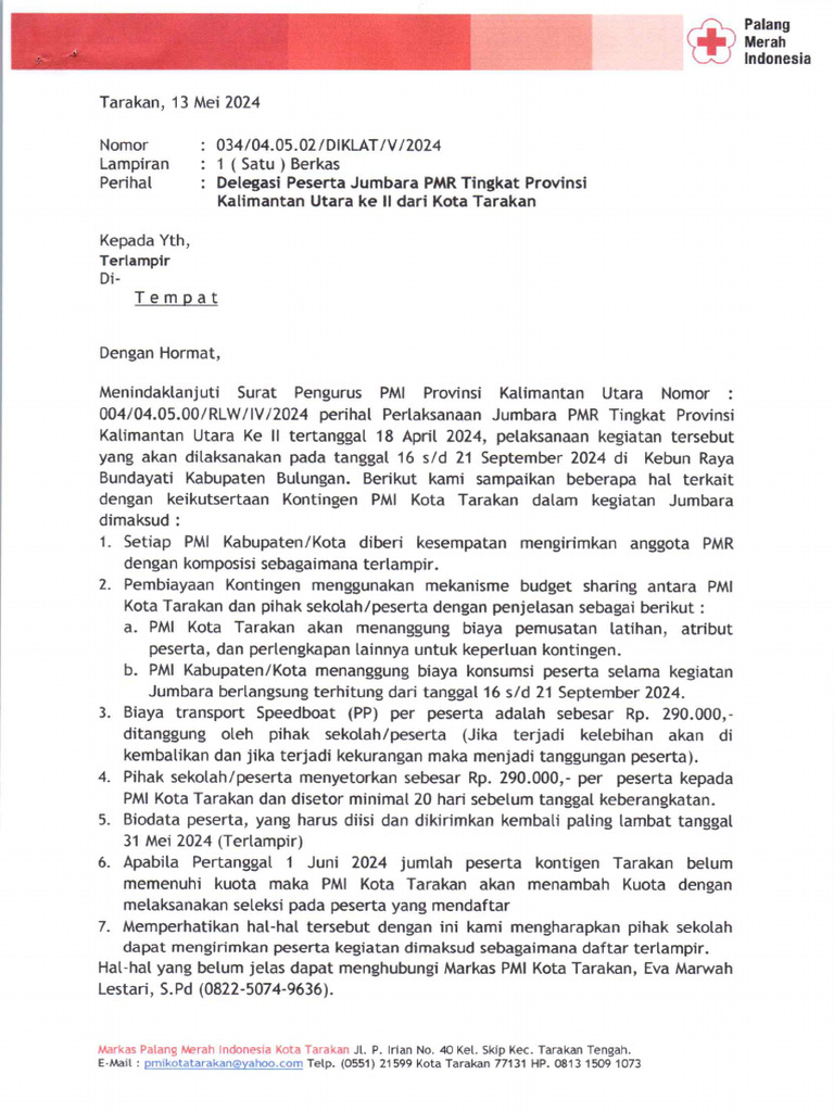 Surat Delegasi Jumbara PMR Tingkat Provinsi Kaltara II Kota Tarakan | PDF