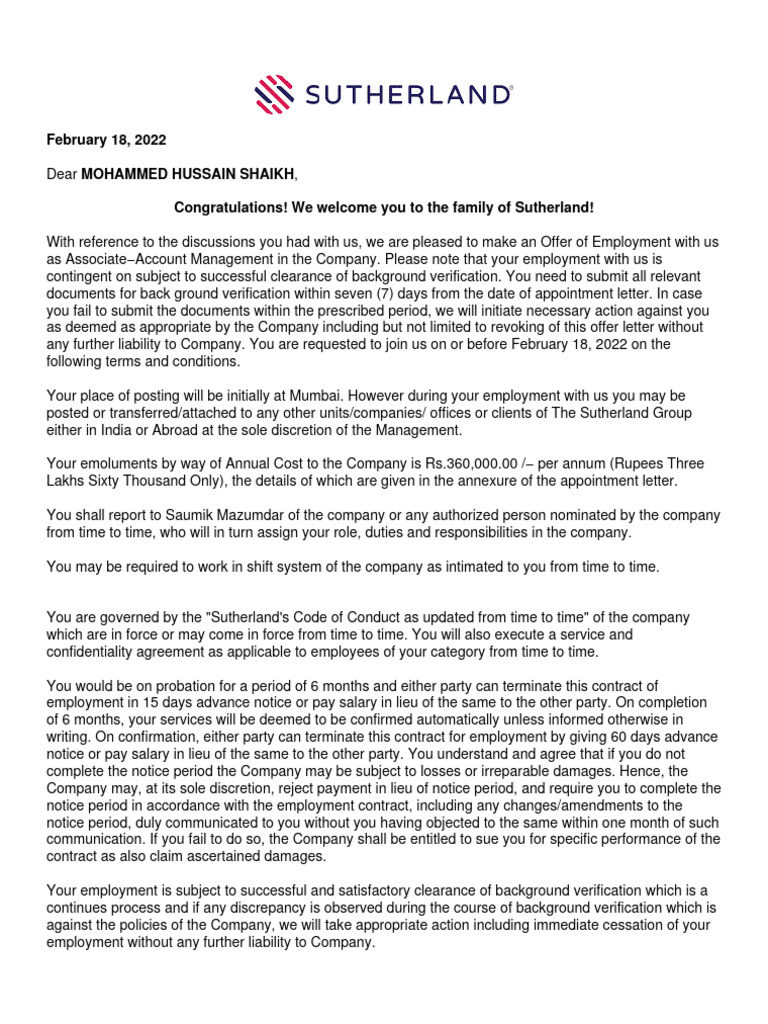 Sutherland Offer Letter | PDF | Salary | Employment