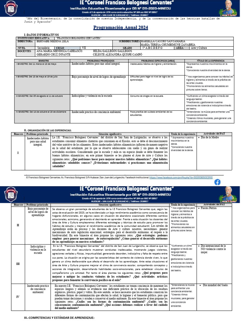 Planif. Anual 5° Grado IE Francisco Bolognési | PDF | Aprendizaje | Evaluación
