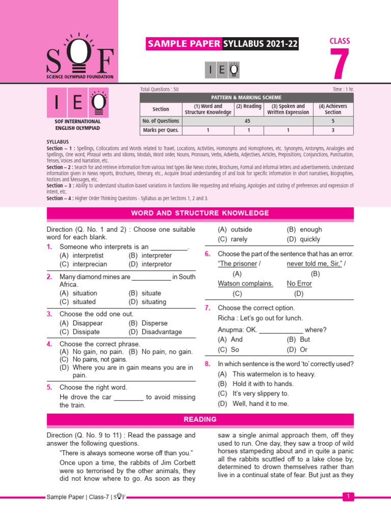 Class 7 IEO Sample Paper 2021-22 | PDF | Verb | English Language