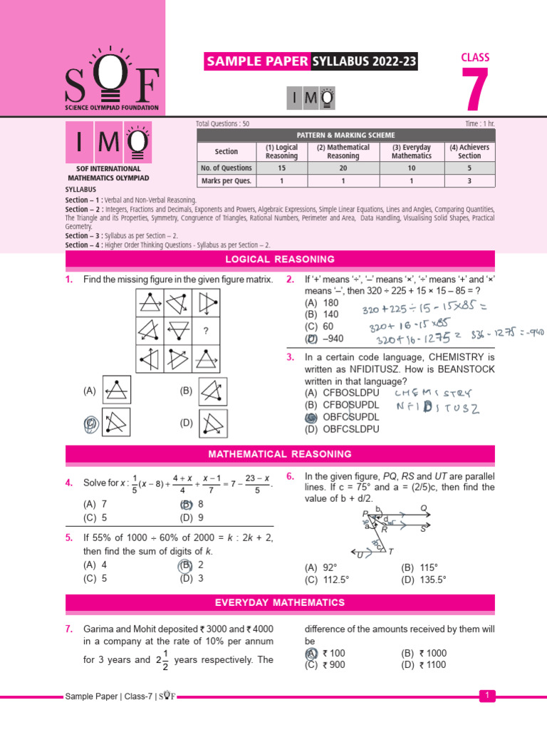 Imo Sample Paper Class-7 | Download Free PDF | Ratio | Mathematics