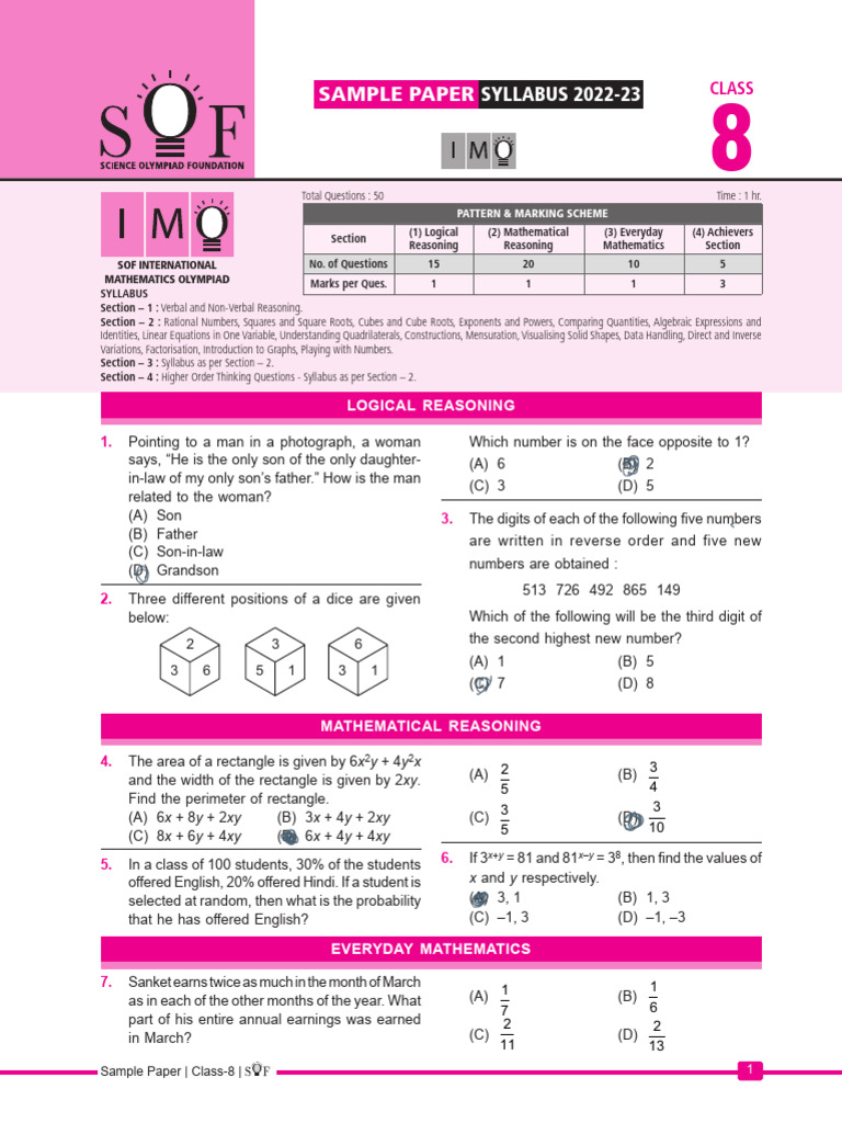 Class 8 Math Olympiad Sample Paper | PDF | Mathematics