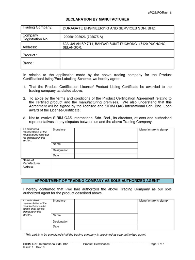 Declaration by Manufacturer ePCS FOR 01 5 1 | PDF