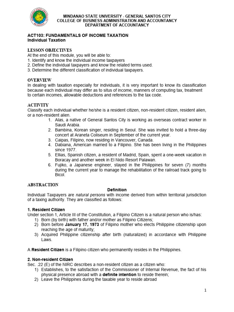 MODULE 5 Individual Taxation | PDF | Citizenship | Taxes