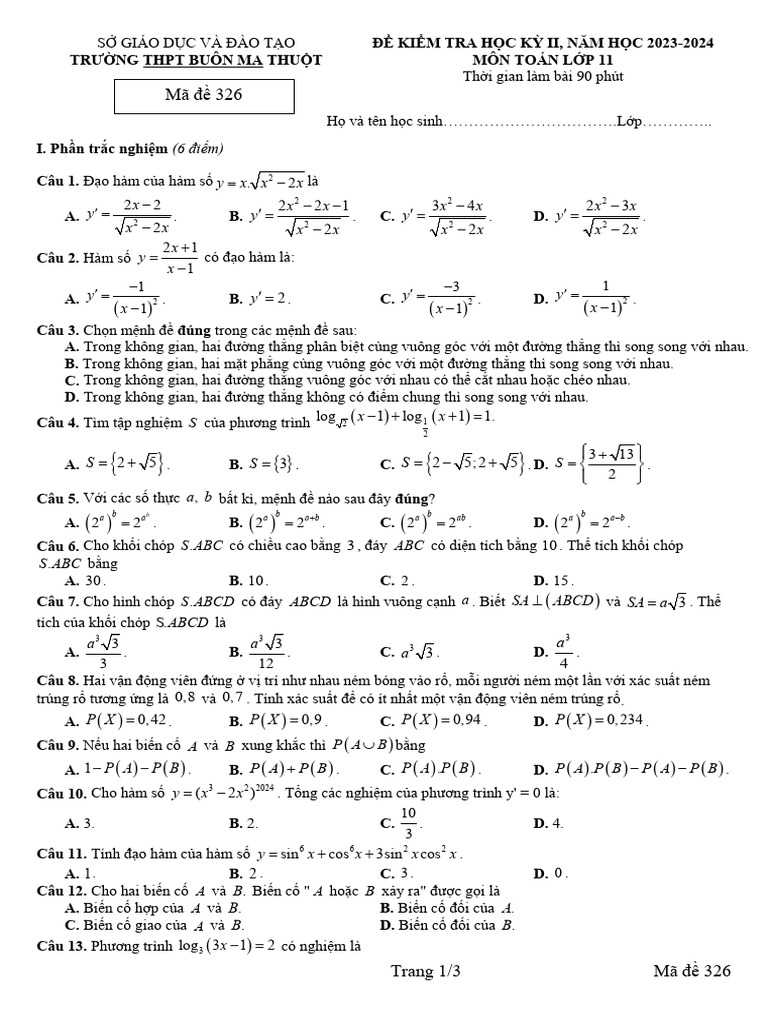 De Hoc Ky 2 Toan 11 Nam 2023 2024 Truong THPT Buon Ma Thuot Dak Lak | PDF