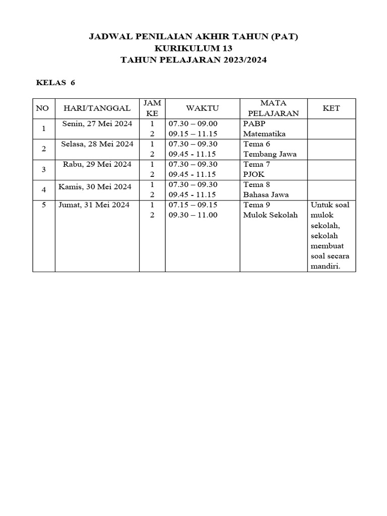 Jadwal Pat Dan Sumatif 2023-2024 | PDF