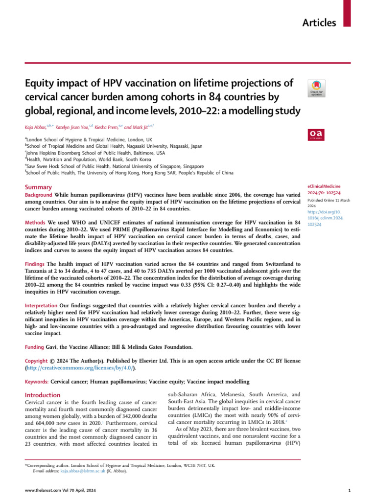 Articles: Kaja Abbas, Katelyn Jison Yoo, Kiesha Prem, and Mark Jit | PDF | Cervical Cancer ...