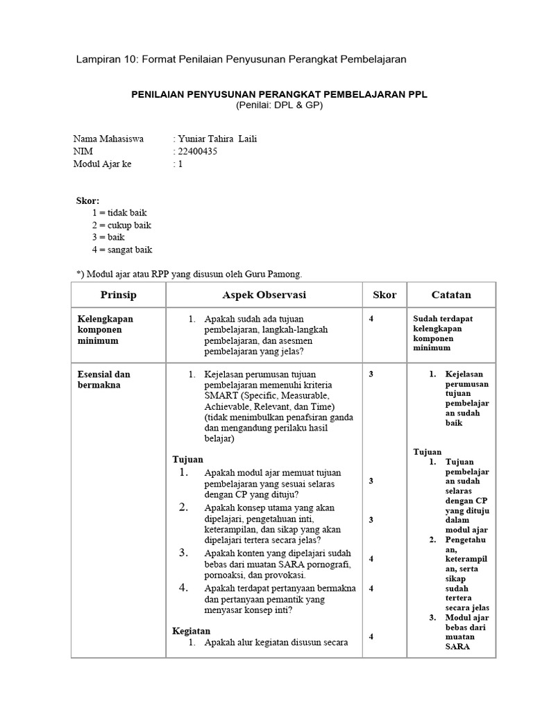 Lampiran 10 - Contoh Format Penilaian Penyusunan Perangkat Pembelajaran | PDF | Pengembangan ...