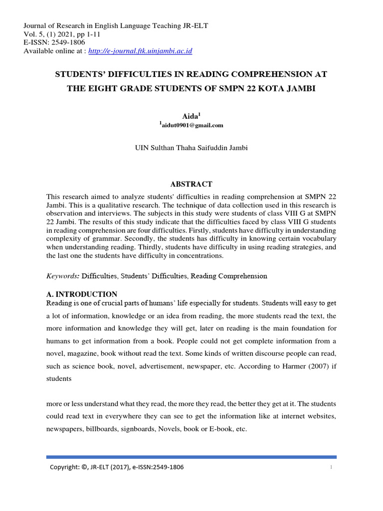 Students' Difficulties in Reading Comprehension at The Eight Grade ...