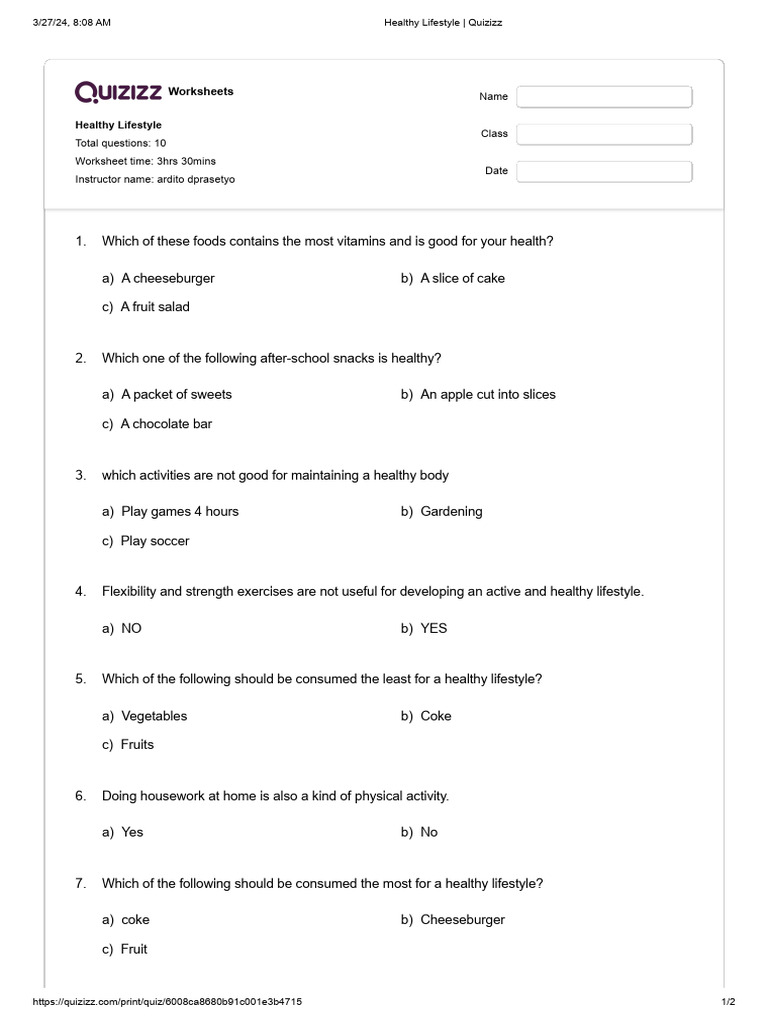 Healthy Lifestyle - Quizizz 1 | PDF | Health Promotion | Foods