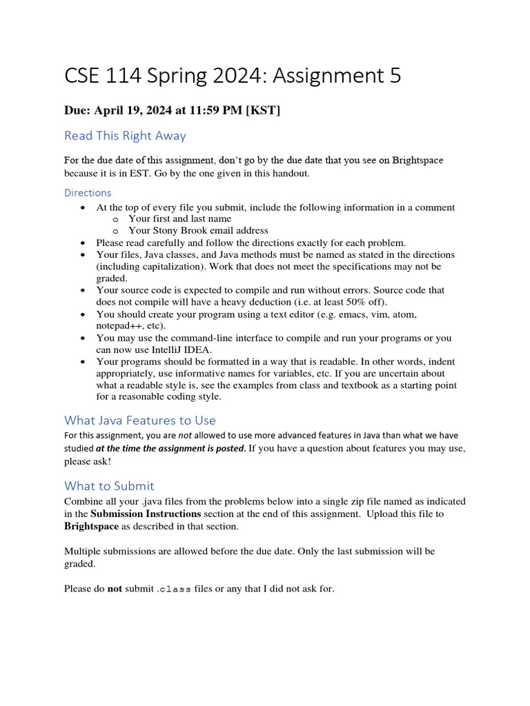 CSE114Assign5_S24 (1) | PDF | Class (Computer Programming) | Method (Computer Programming)