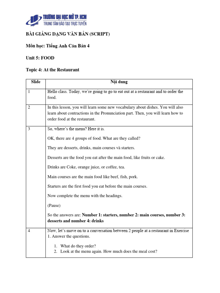 Bài Giảng Dạng Văn Bản (Script) Môn học: Tiếng Anh Căn Bản 4 Unit 5 ...
