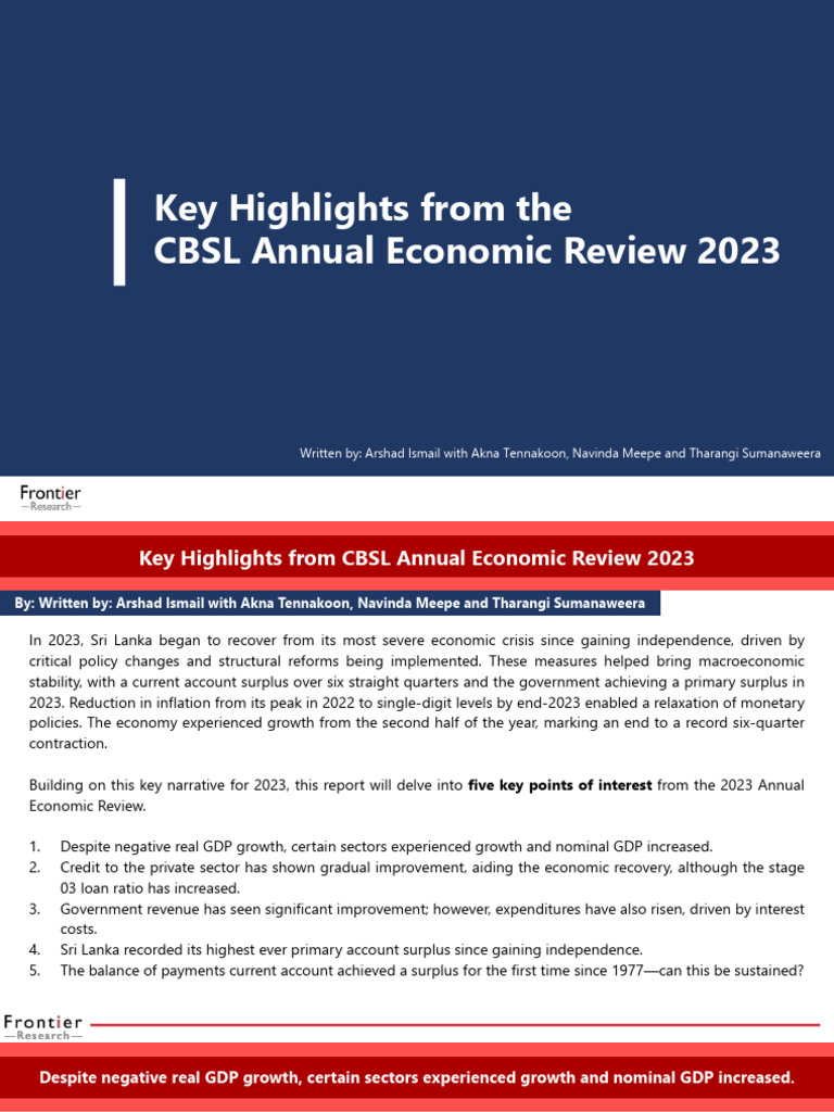 Key Highlights From CBSL Annual Economic Review 2023 | PDF | Government ...