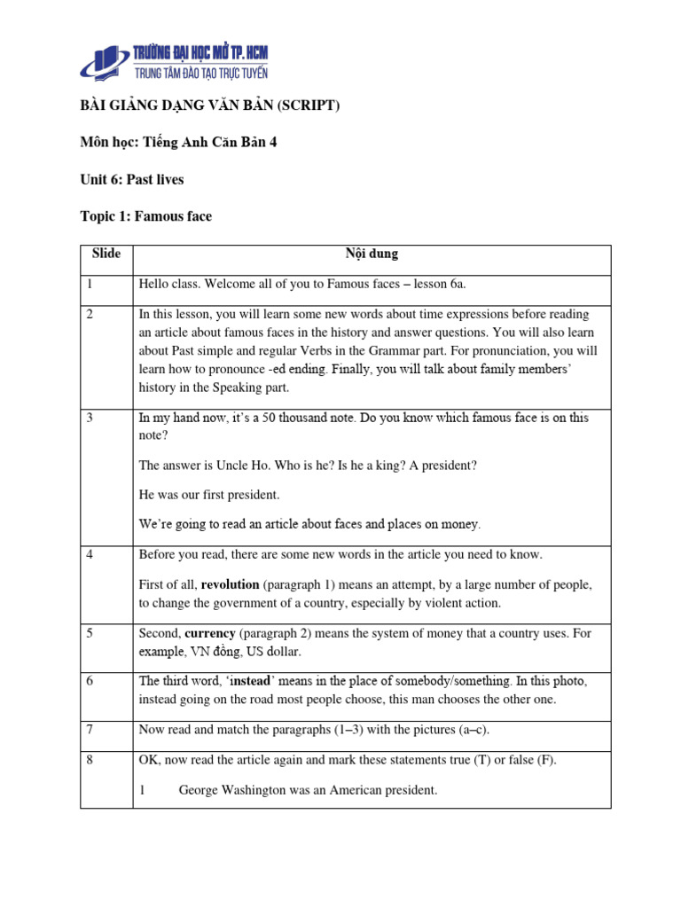 Bài Giảng Dạng Văn Bản (Script) Môn học: Tiếng Anh Căn Bản 4 Unit 6: Past lives Topic 1: Famous ...