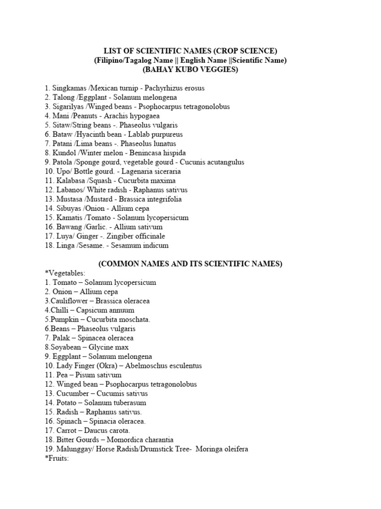 Scientific Names of Philippine Vegetables | PDF | Cucurbita | Eggplant
