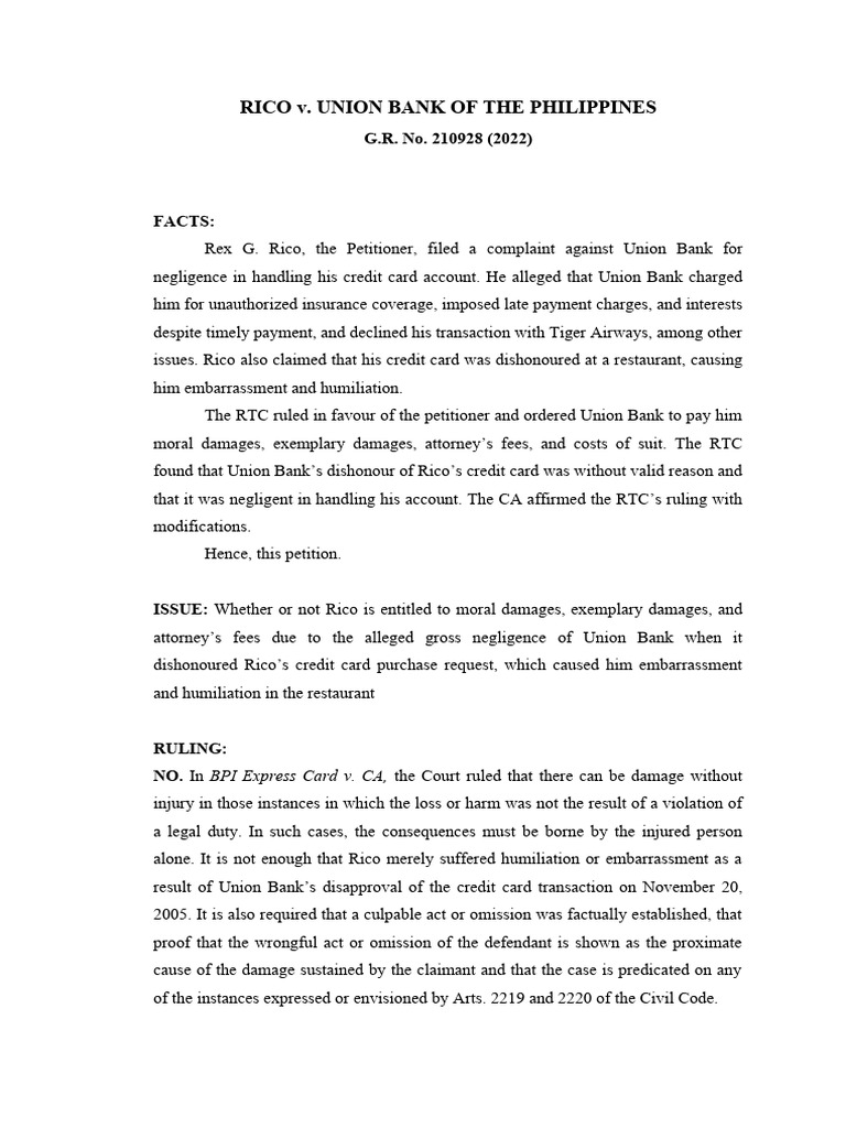 Rico v. Union Bank: Late Fee Dispute | PDF | Damages | Negligence