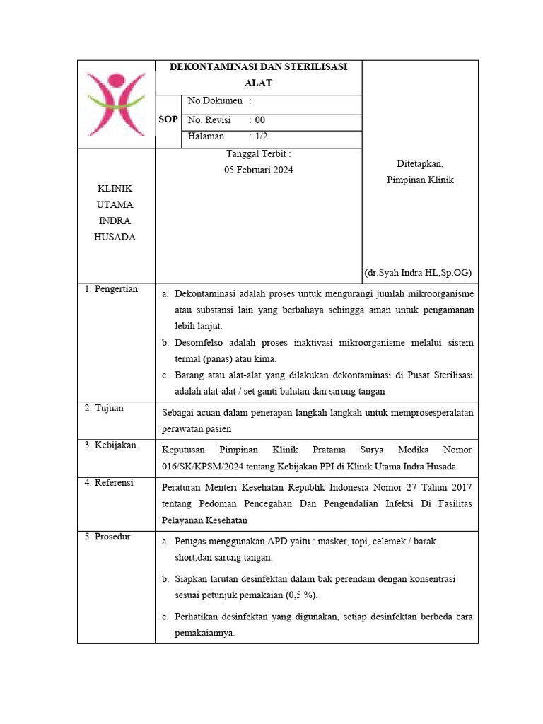 Sop Dekontaminasi Dan Sterilisasi Alat | PDF