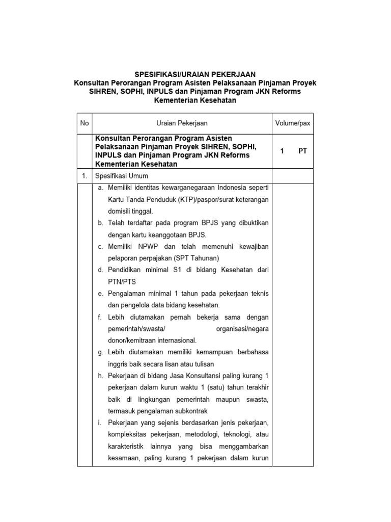 Spesifikasi Konsultan Program SIHREN | PDF
