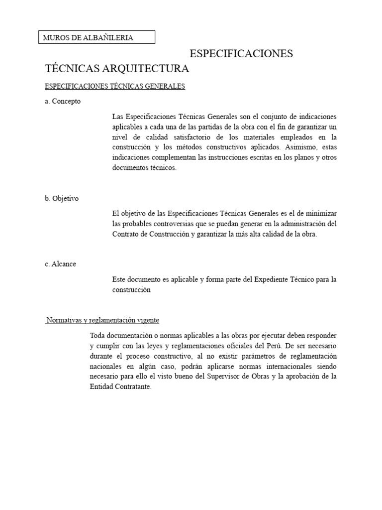 Especificaciones Tecnicas Arquitectura | PDF | Albañilería | Hormigón