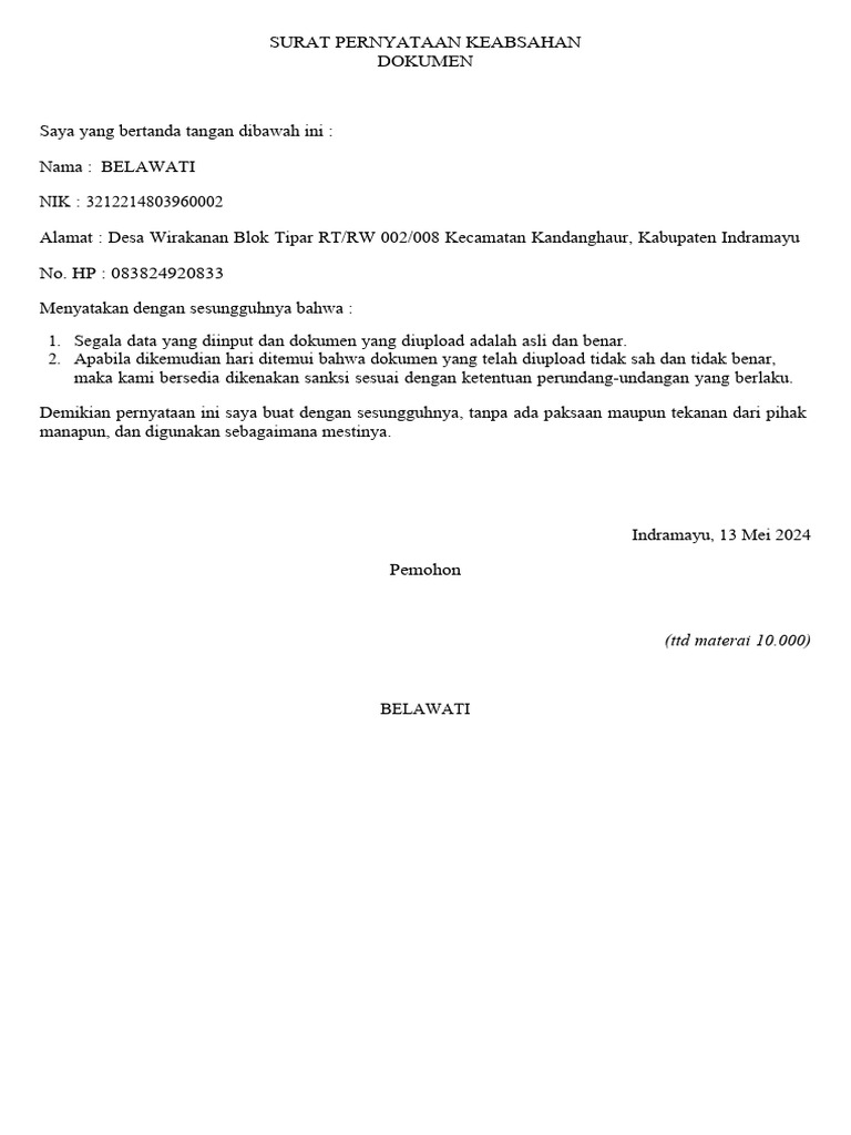 Surat Pernyataan Keabsahan Dokumen - Docx 20240507 220357 0000 | PDF