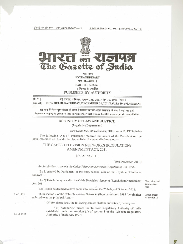 The Cable Television Networks (Regulations) Amendment Act, 2011 | PDF