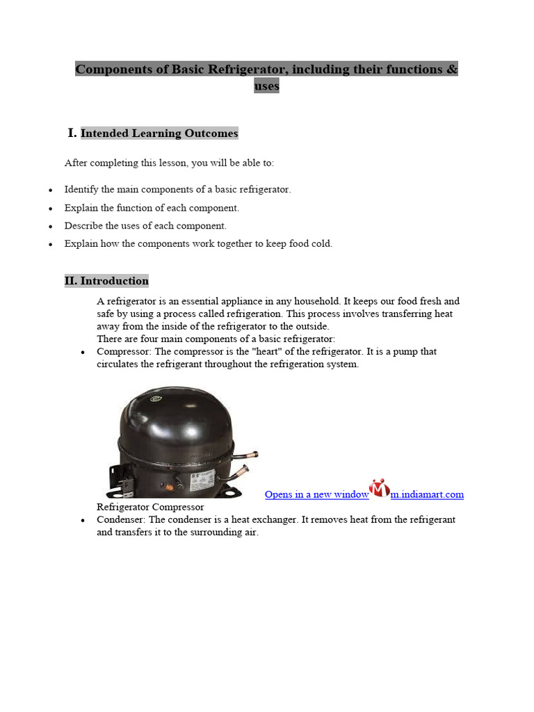 GUTANG - FINAL MODULE - Components of Basic Refrigerator, Including Their Functions & Uses | PDF ...