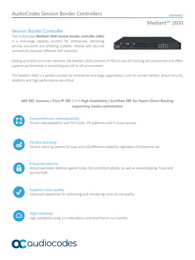 Mediant 2600 SBC Datasheet | PDF | Session Initiation Protocol | Voice ...
