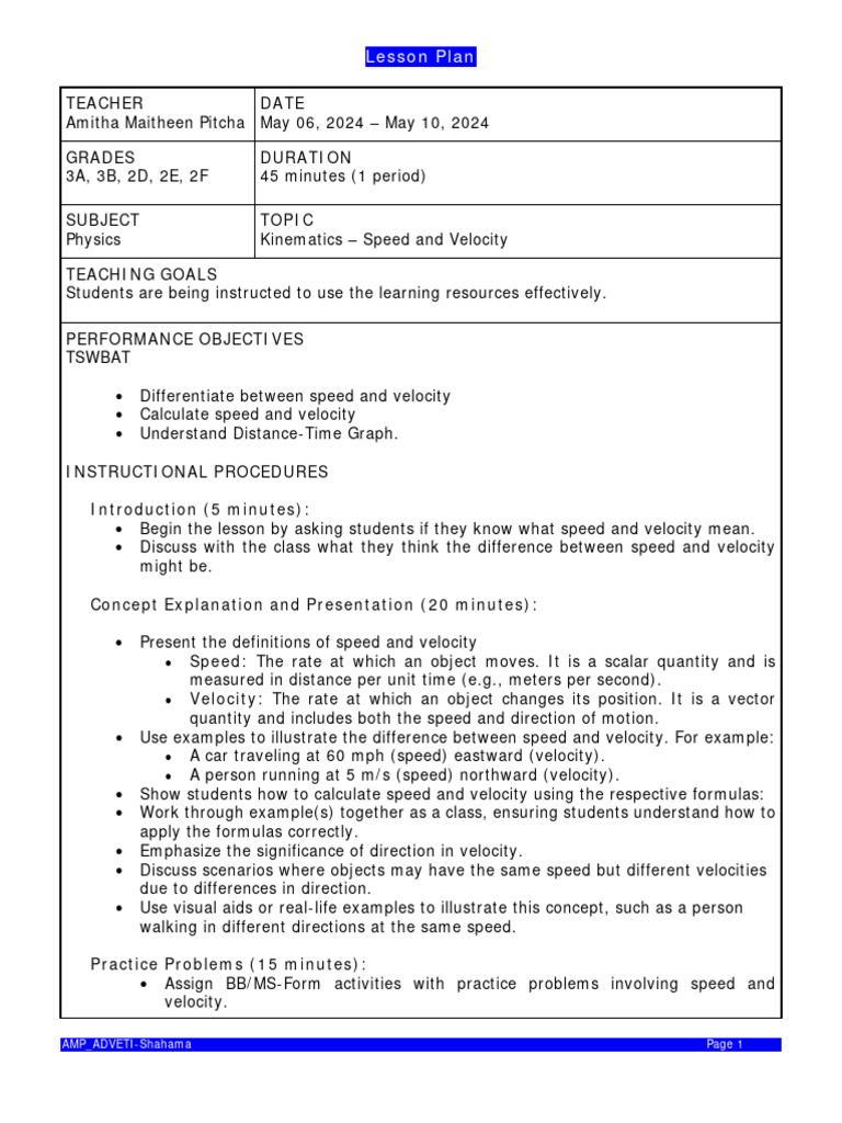 LP - Kinematics-Speed and Velocity - Physics - AMP - 202425 | PDF ...