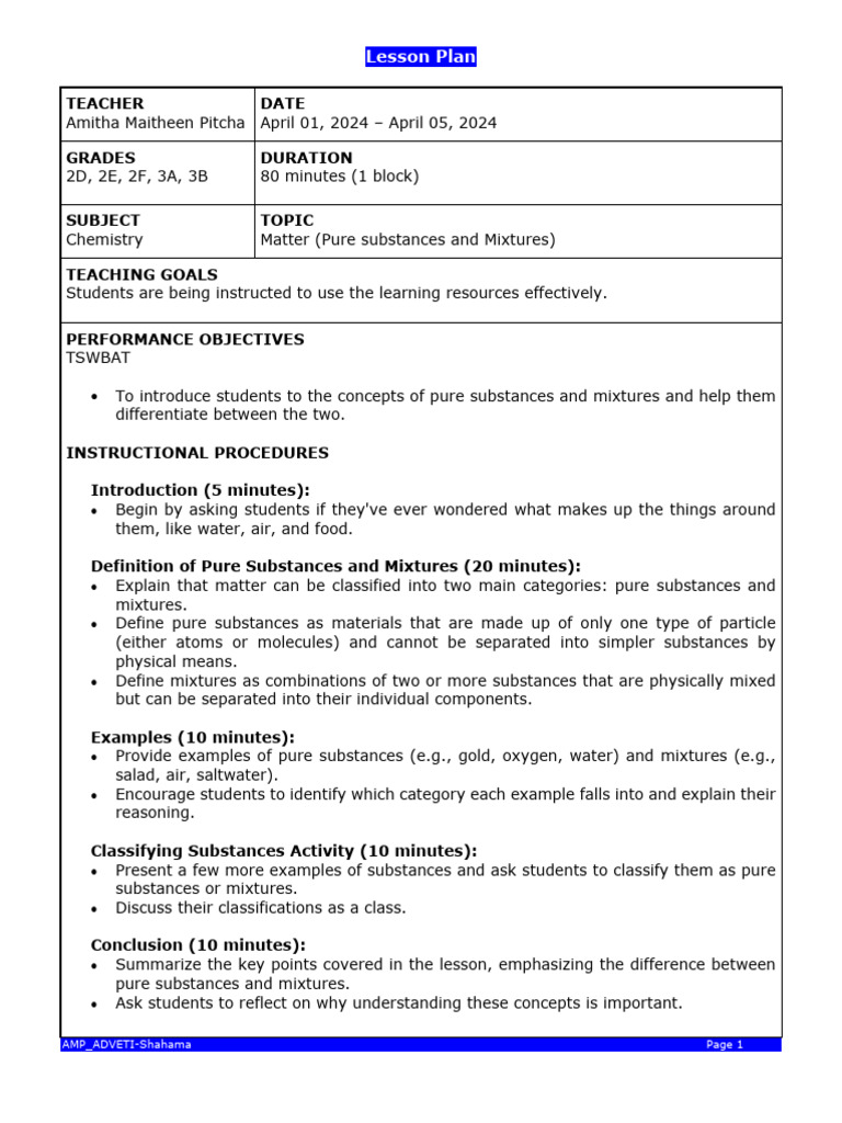 LP - Matter (Pure Substances and Mixtures) - Chemistry - AMP - 202425 ...