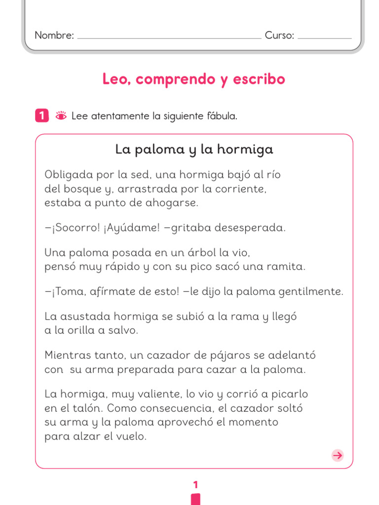 Fábula de Amistad: La Paloma y la Hormiga | PDF | Artes del Lenguaje y ...