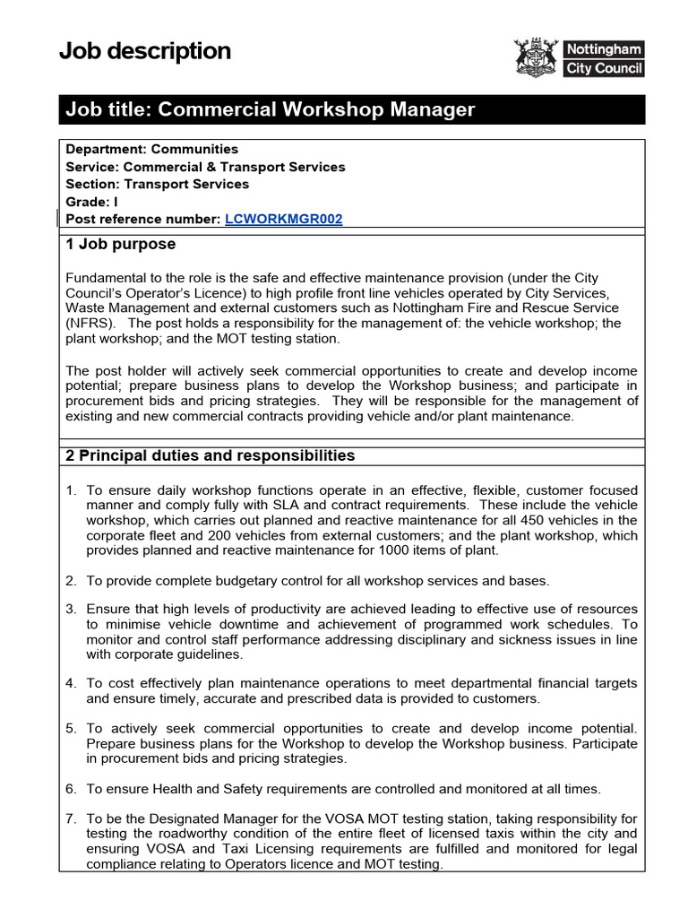 Commercial Workshop Manager Job Description | PDF | Safety | Procurement