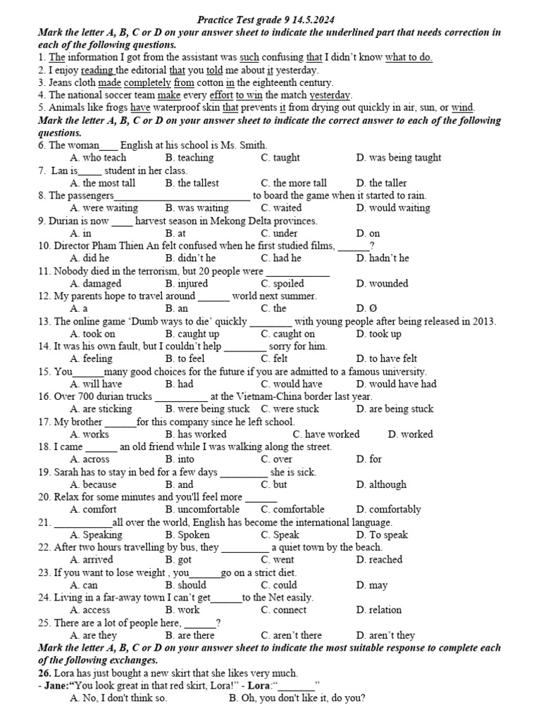 Practice Test Grade 9 14.5.2024 | PDF | Sydney | Australia
