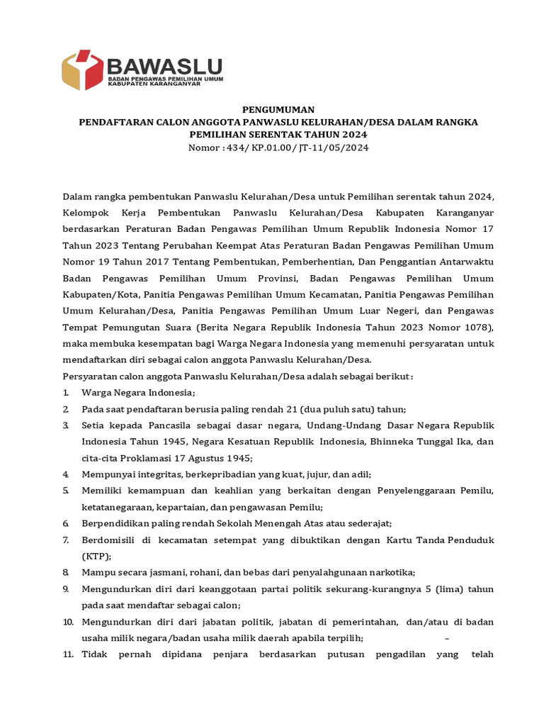 Pengumuman Pendaftaran PKD Pemilihan 2024 | PDF