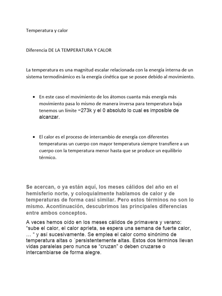Diferencias entre Temperatura y Calor | PDF | Temperatura | Calor