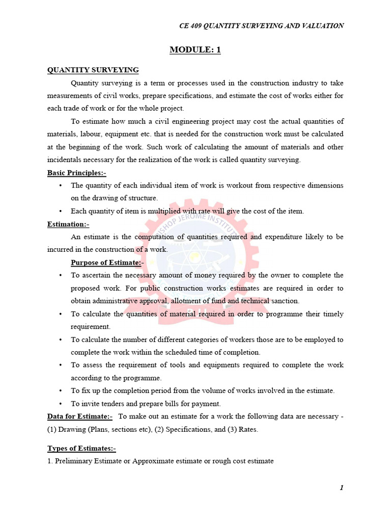 Module 1.NOTES - CE409 - QUANTITY SURVEYING AND VALUATION | PDF ...