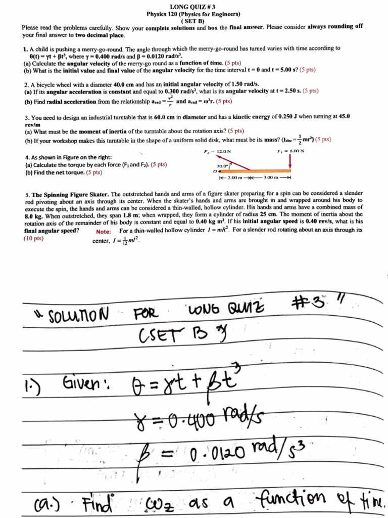 Physics 120 Quiz 3 Set B With Solutions and Answers | PDF