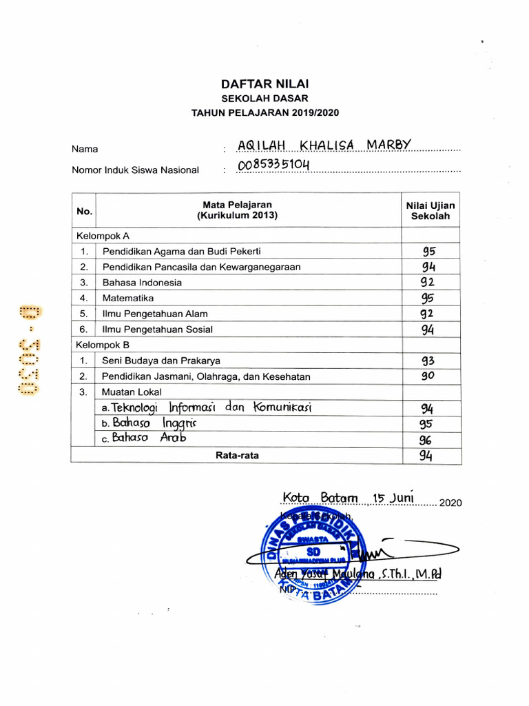 Nilai Ijazah SD Aqila | PDF